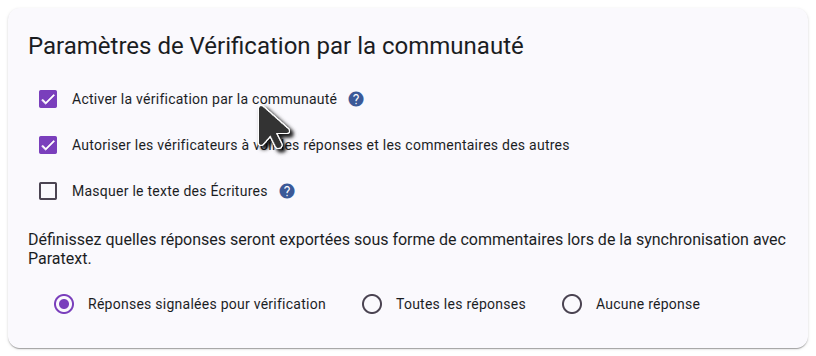 Utilisation de la Vérification par la communauté | Scripture Forge Help